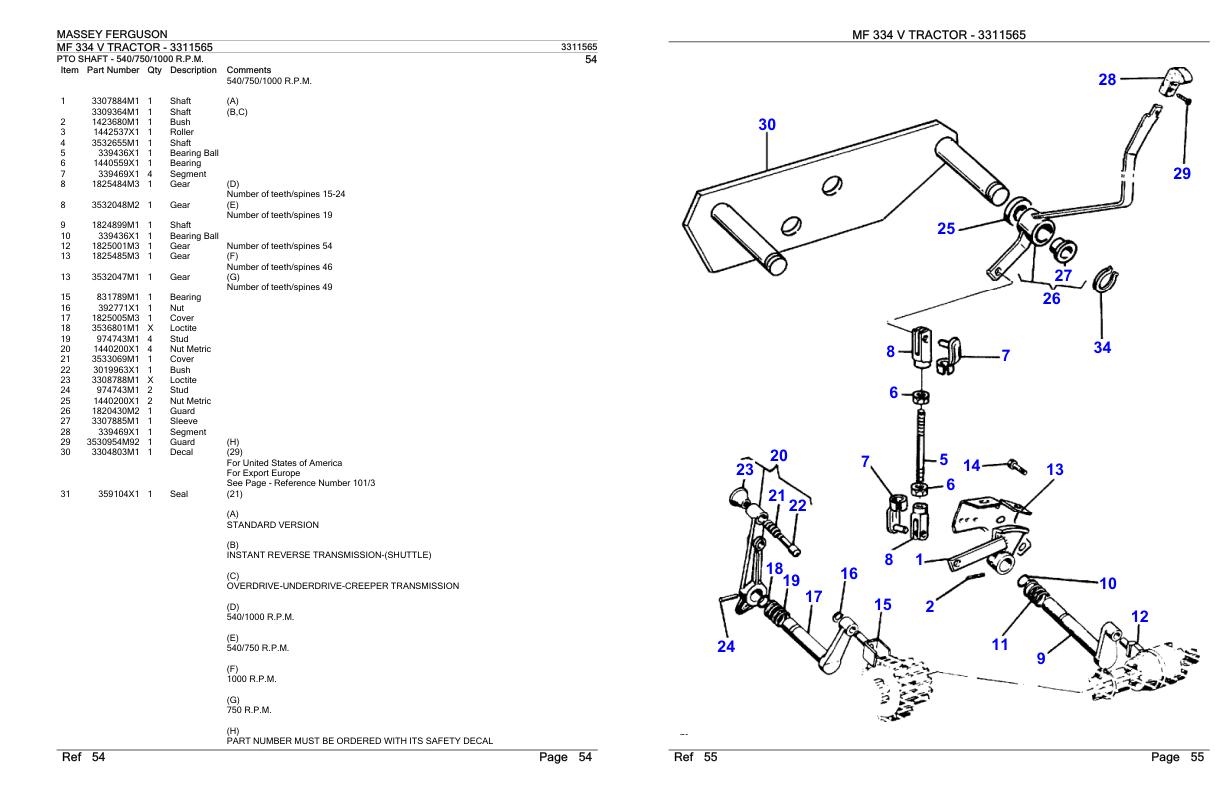 Massey Ferguson MF 334 V Tractor Parts Catalog 3311565