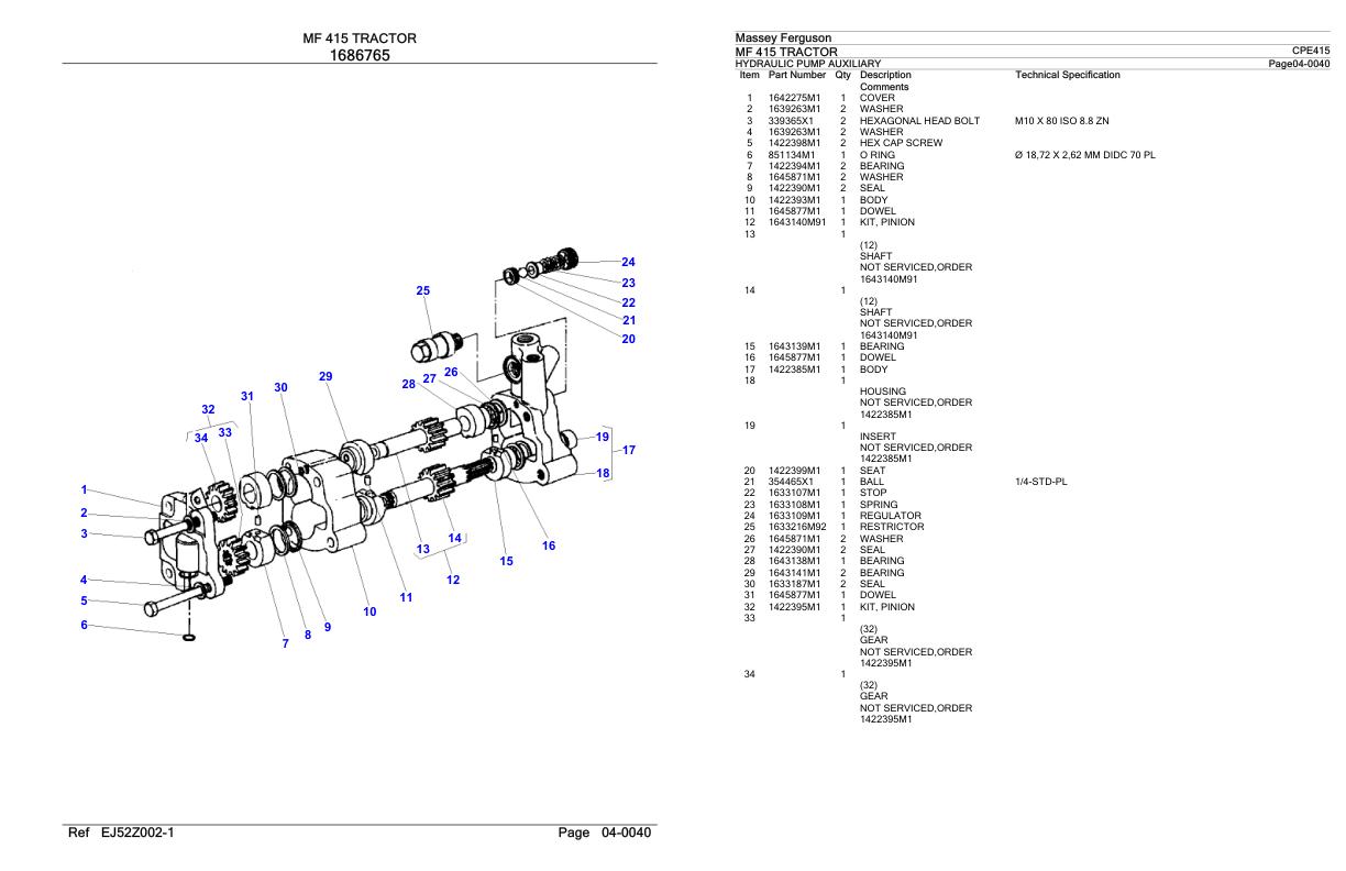 Massey Ferguson MF 415 Tractor Parts Catalog CPE415