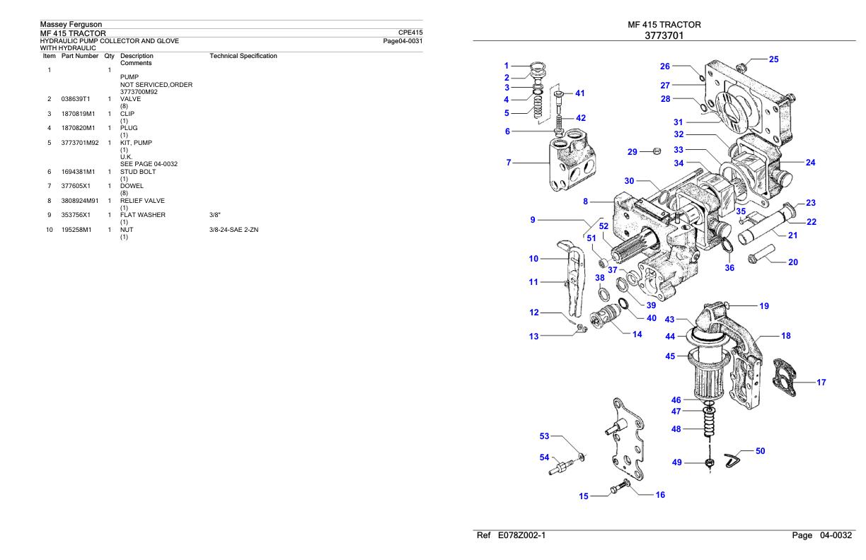 Massey Ferguson MF 415 Tractor Parts Catalog CPE415