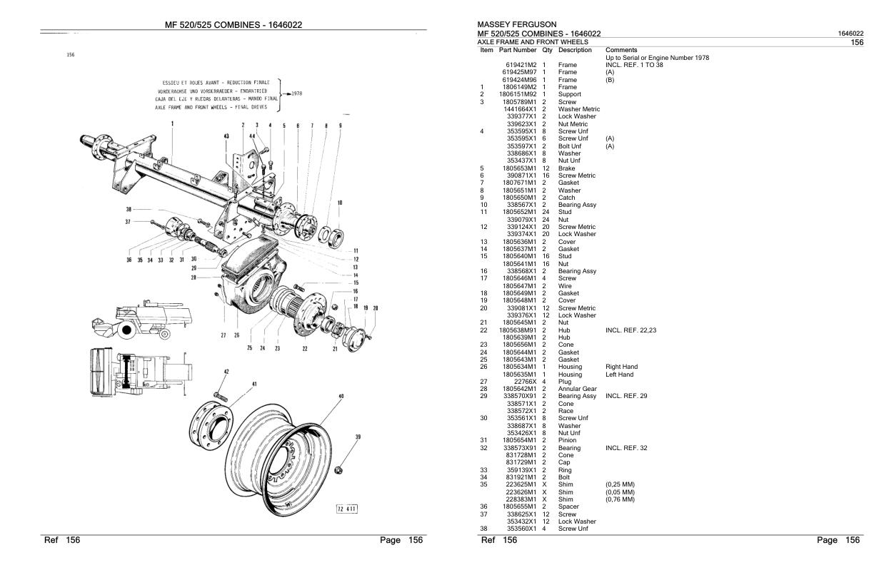 Massey Ferguson MF 520 525 Combine Parts Catalog 1646022