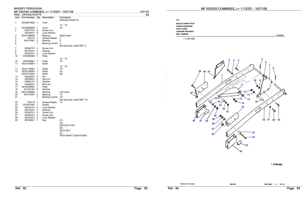 Massey Ferguson MF 530 535 Combine Parts Catalog 1637106
