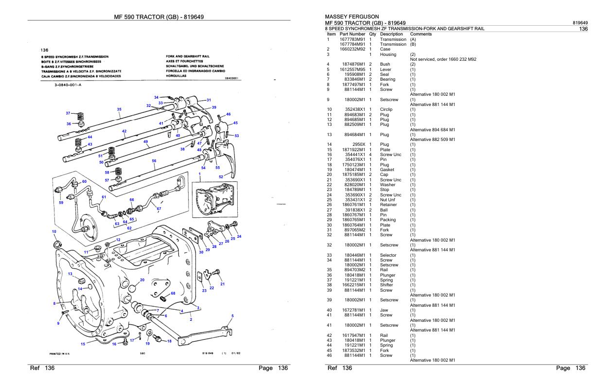 Massey Ferguson MF 590 Tractor Parts Catalog 819649