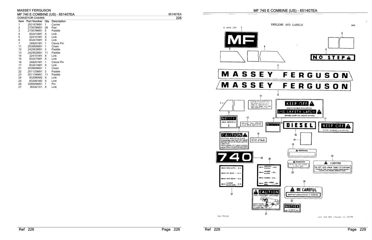 Massey Ferguson MF 740 E Combine US Parts Catalog 651407EA