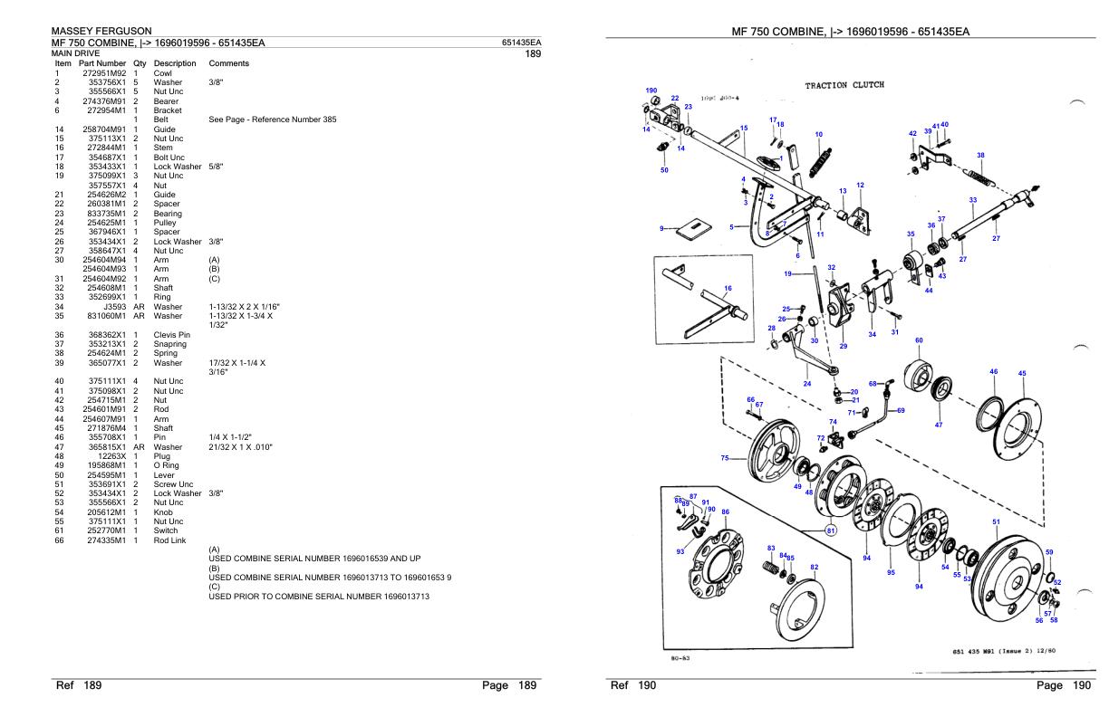 Massey Ferguson MF 750 Combine Parts Catalog 651435EA