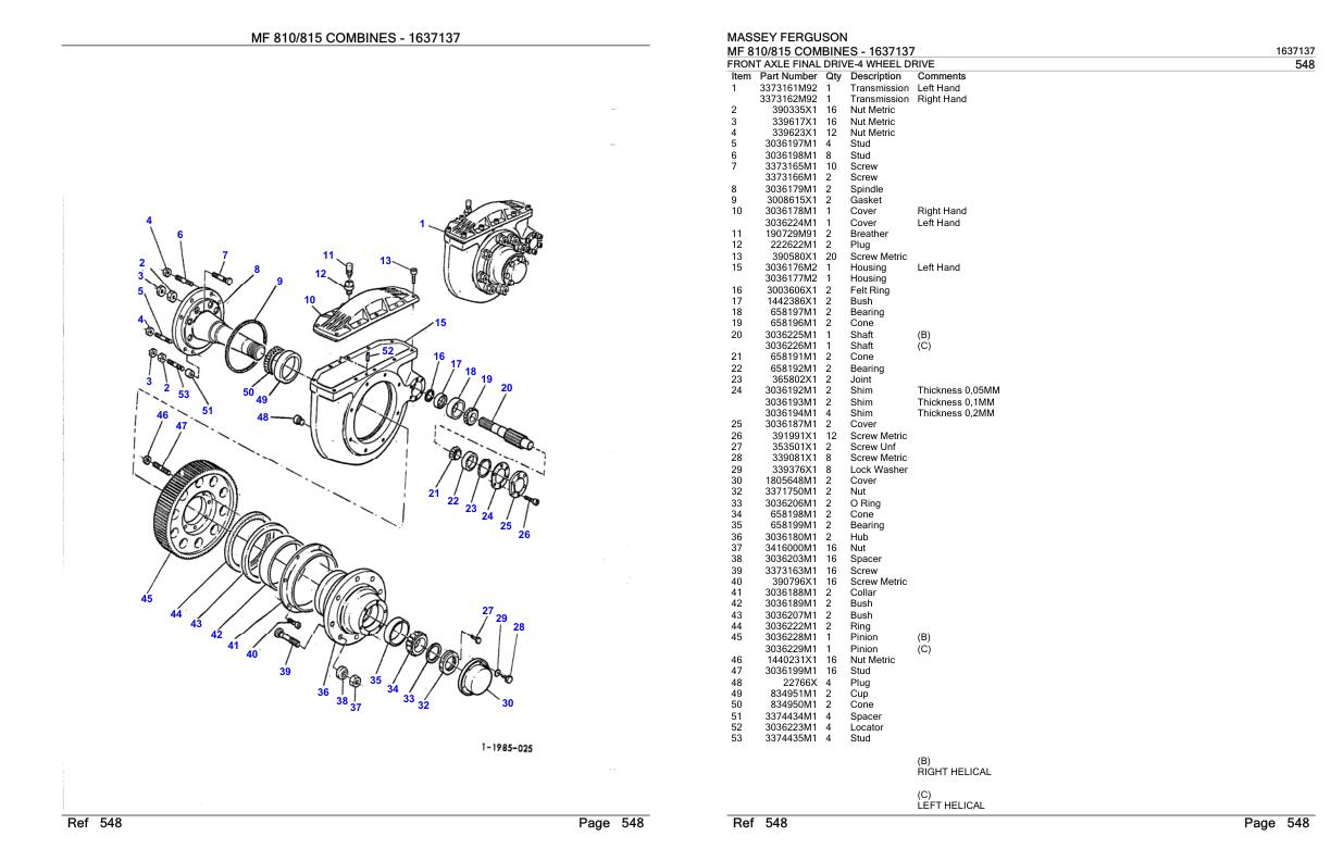 Massey Ferguson MF 810 815 Combine Parts Catalog 1637137