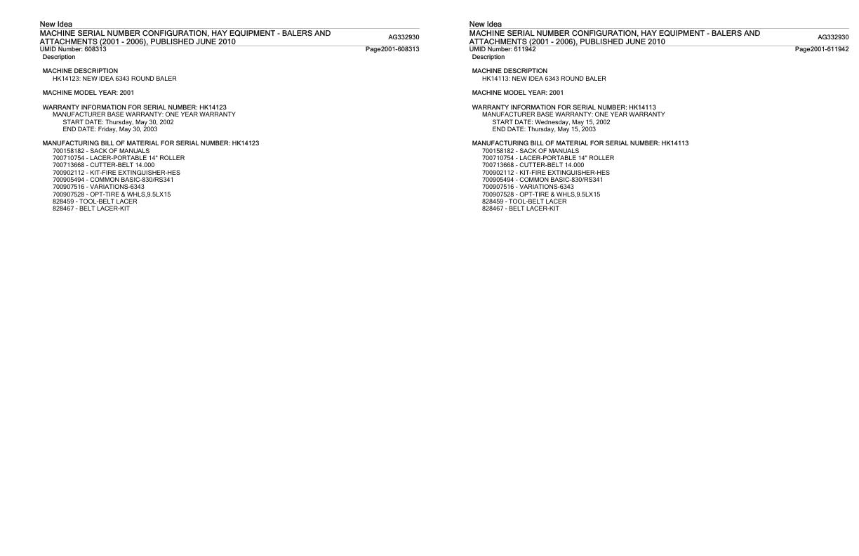 New Idea Machine Configuration Hay Equipment Balers Attachments 2001 ...