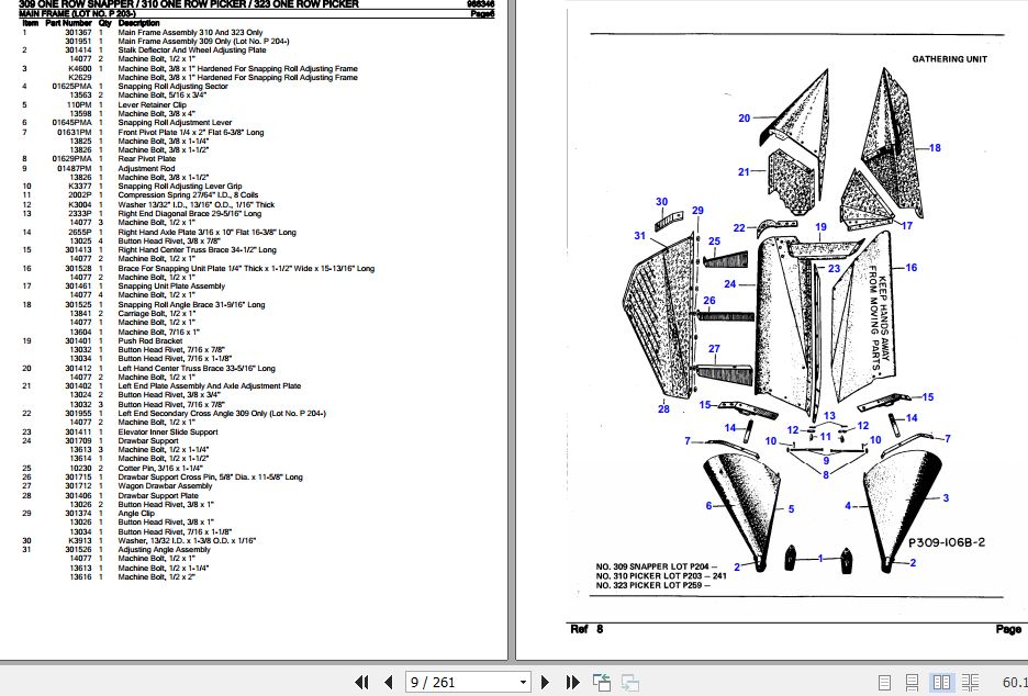 New Idea One Row Snapper 309 One Row Picker 310 323 Parts Catalog 986346