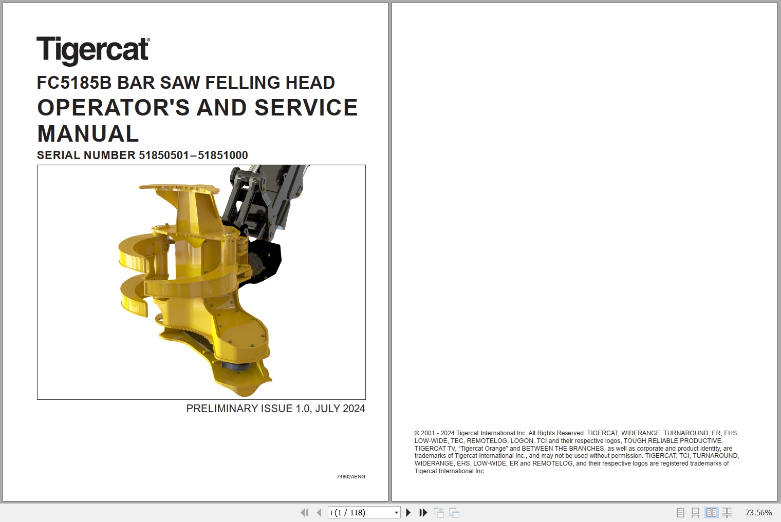 Tigercat Bar Saw Felling Head FC5185B Operators And Service Manual ...