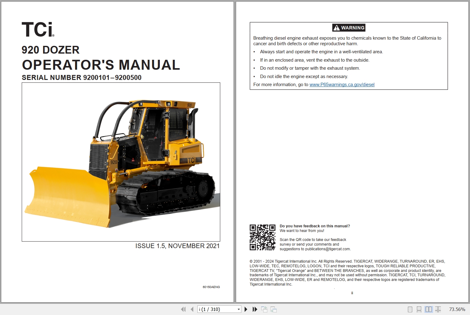 Tigercat Dozer 920 Operators Manual