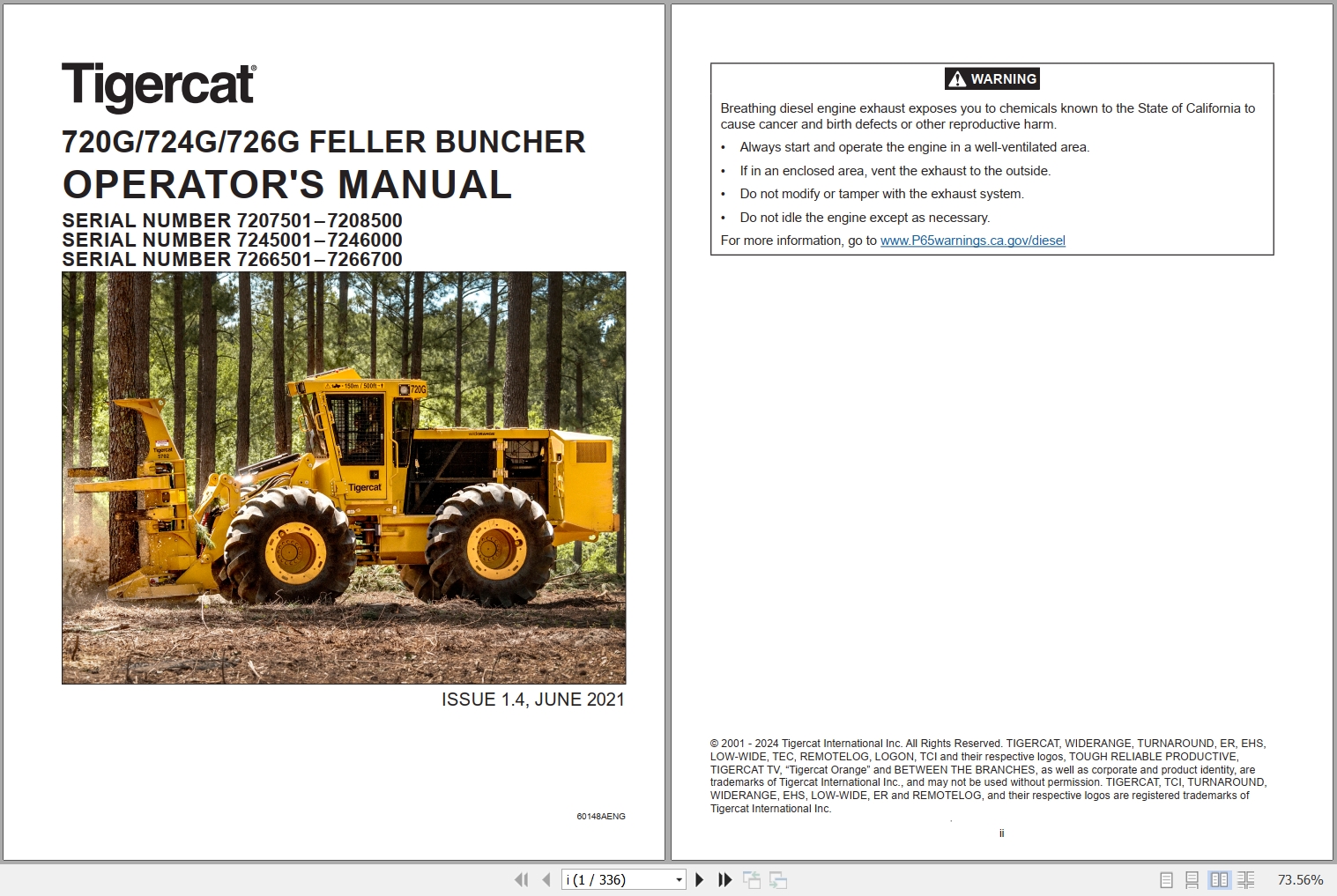 Tigercat Feller Buncher 720G 724G 726G Operators Manual