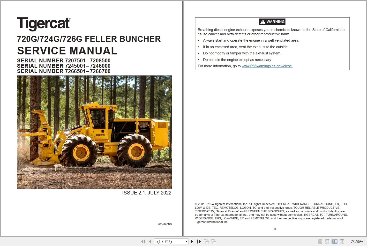 Tigercat Feller Buncher 720G 724G 726G Service Manual 60149AENG