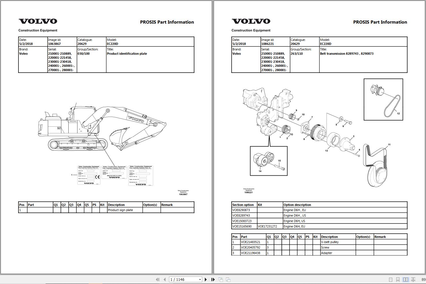 Volvo Excavator EC220D Parts Manual