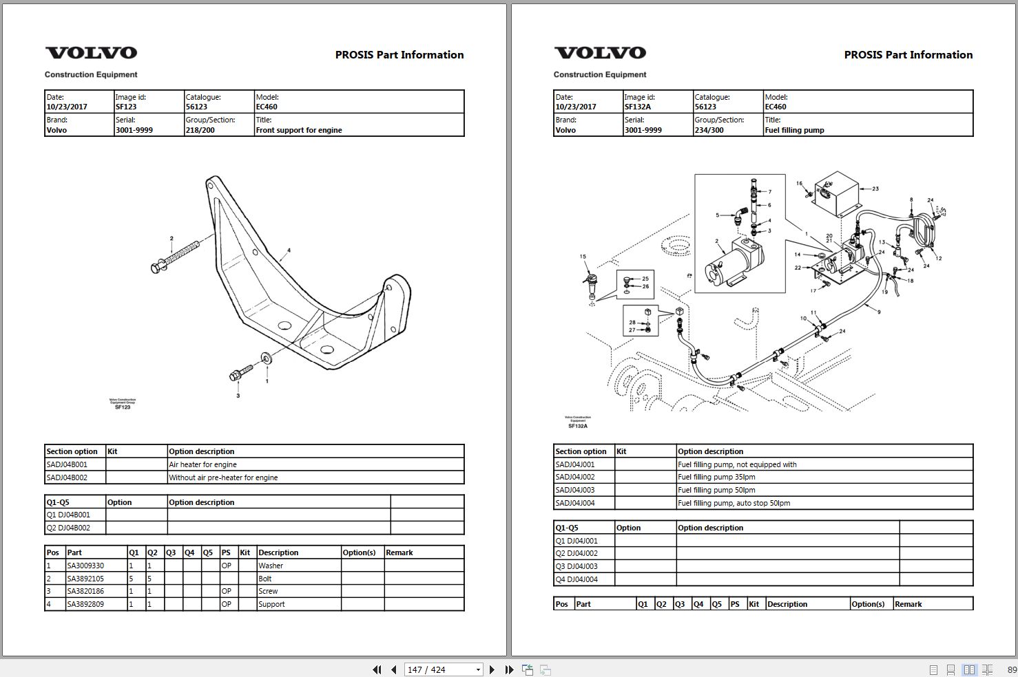 Volvo Excavator EC460 Parts Manual