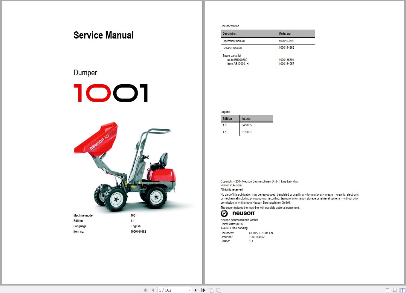 Wacker Neuson Dumper 1001 Service Manual and Diagram 1000144662
