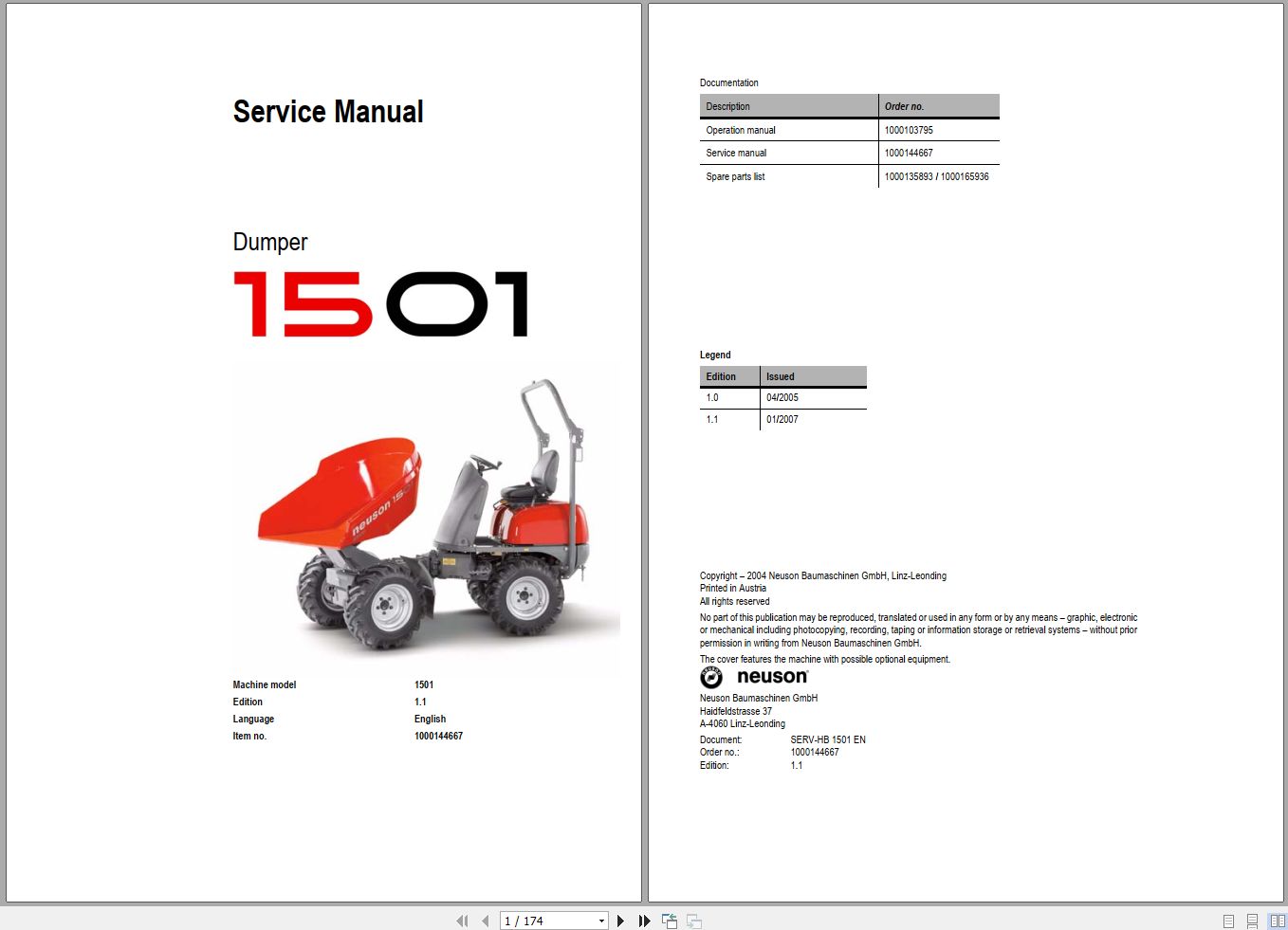 Wacker Neuson Dumper 1501 1.1 Service Manual and Diagram 1000144667