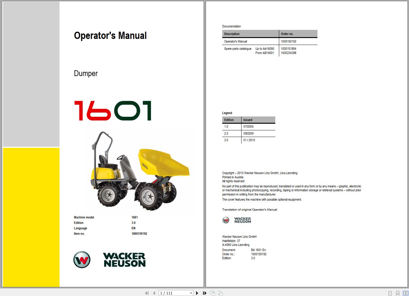 Wacker Neuson Dumper 2701 Operating Manual 1000081452