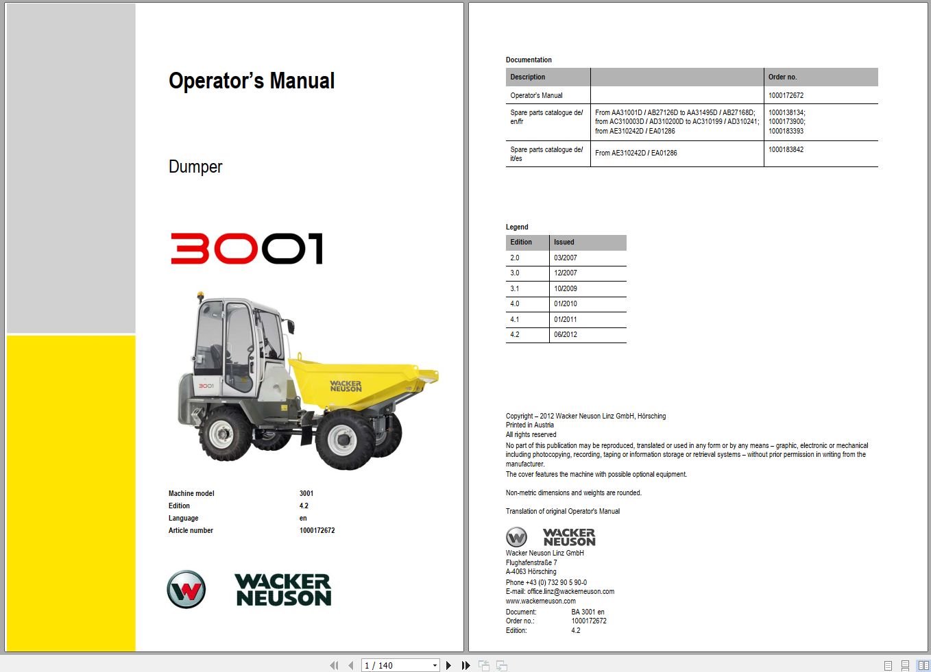 Wacker Neuson Dumper 3001 4.2 Operating Manual 1000172672