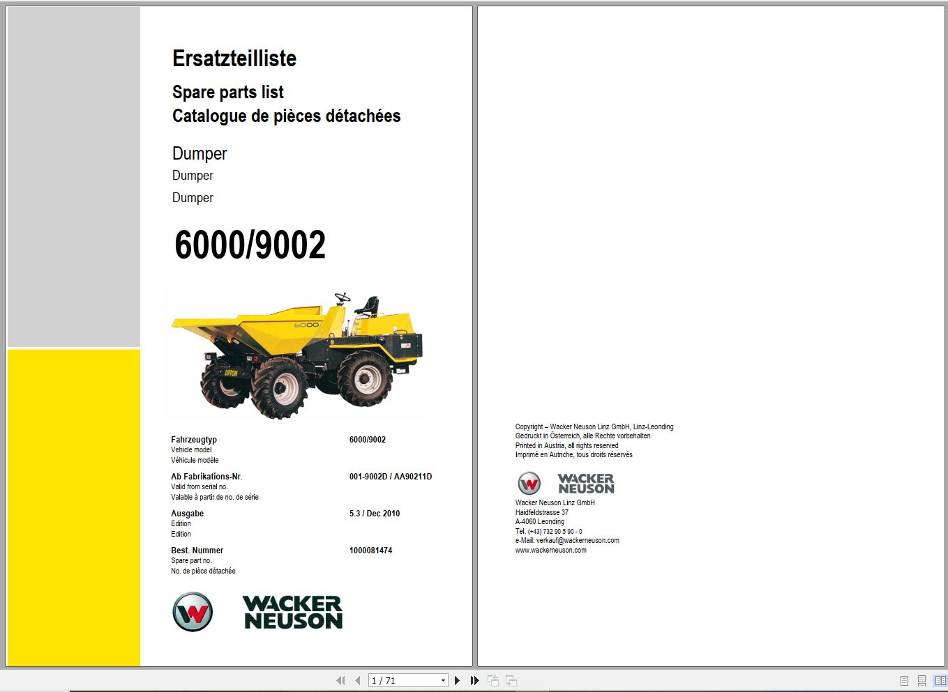 Wacker Neuson Dumper 6000 9002 Spare Parts List 1000081474