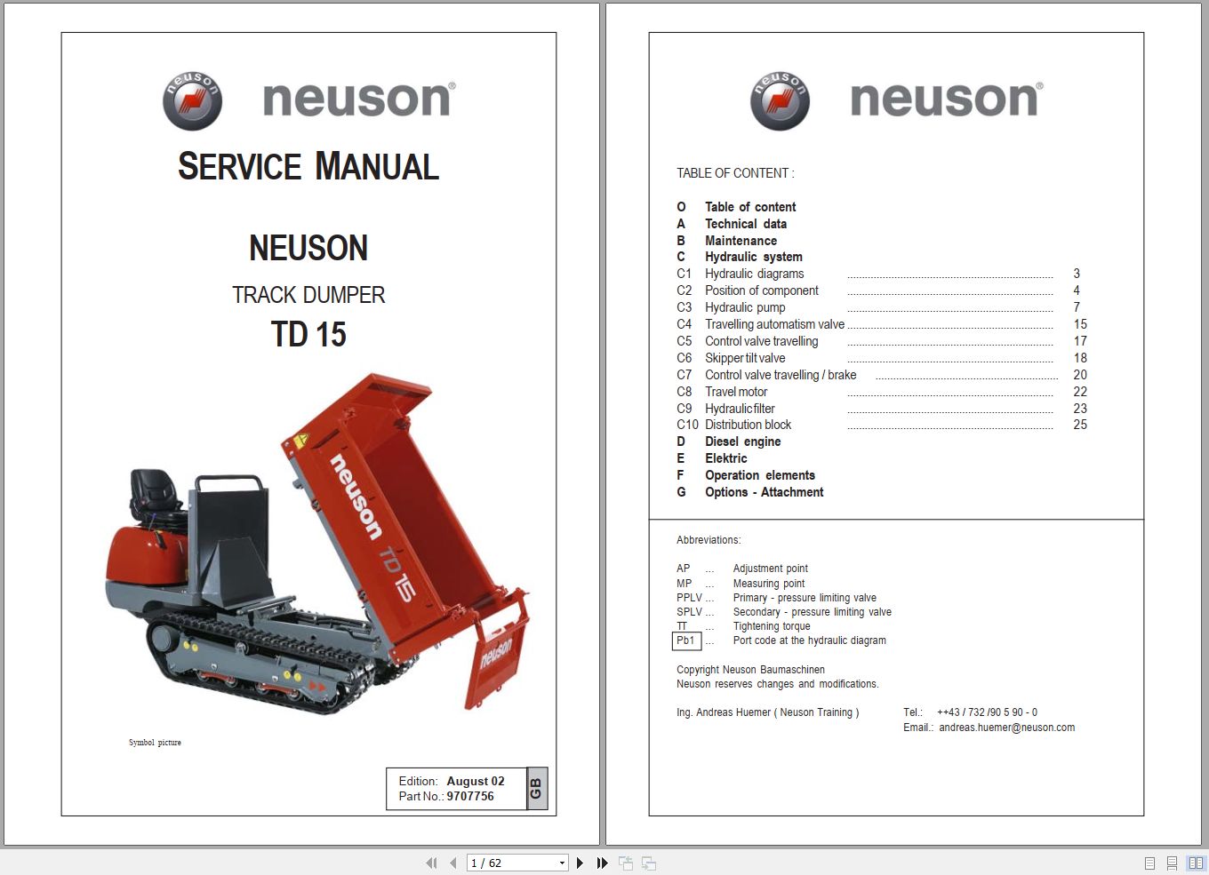 Wacker Neuson Dumper TD15 Service Manual and Diagram 1000099306