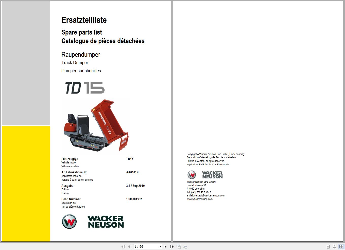 Wacker Neuson Dumper TD15 Spare Parts List 1000081302
