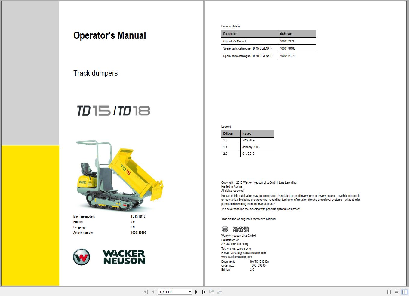 Wacker Neuson Dumper TD15 TD18 Operating Manual 1000139695