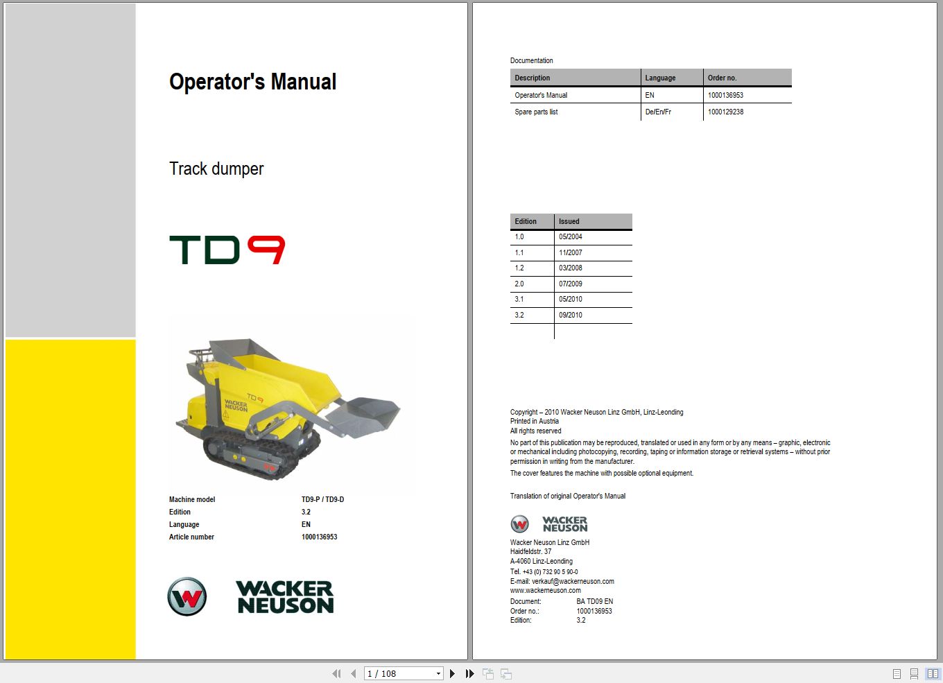 Wacker Neuson Dumper TD9 Operating Manual 1000136953