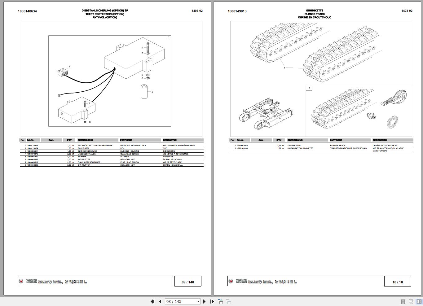 Wacker Neuson Excavator 1403 Spare Parts List 1000148966