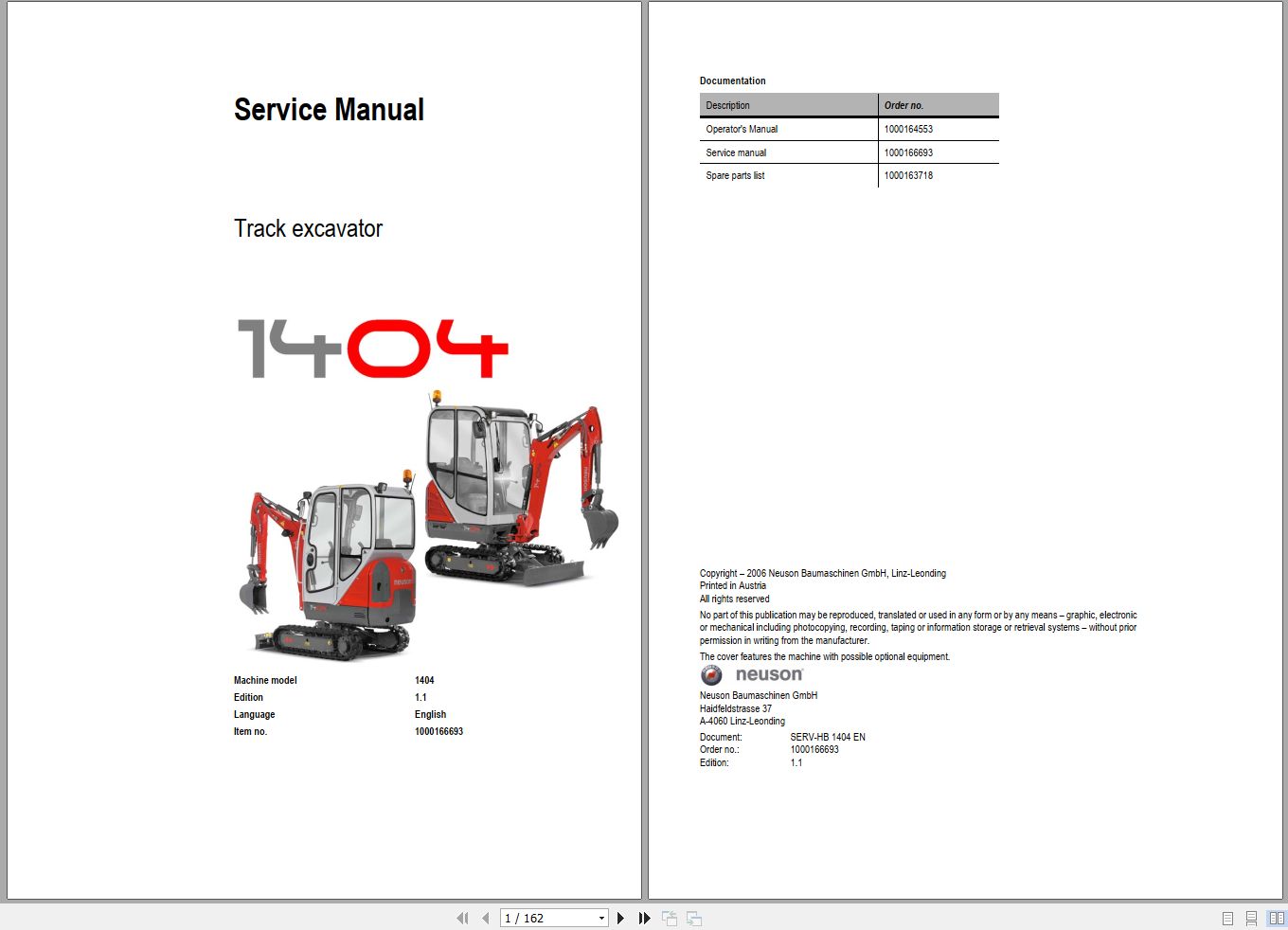 Wacker Neuson Excavator 1404 Service Manual and Diagram 1000166693