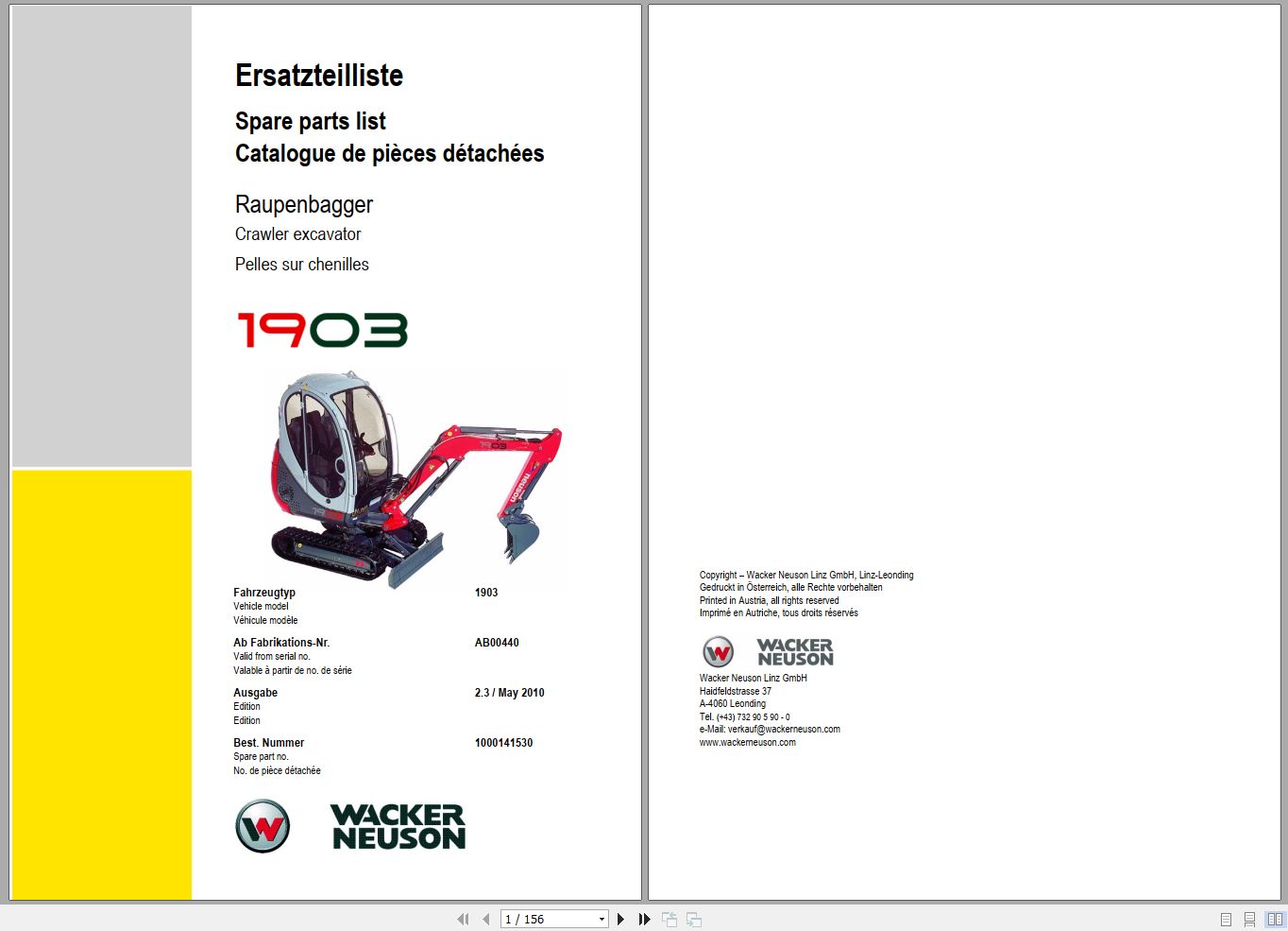 Wacker Neuson Excavator 1903 Spare Parts List 1000141530