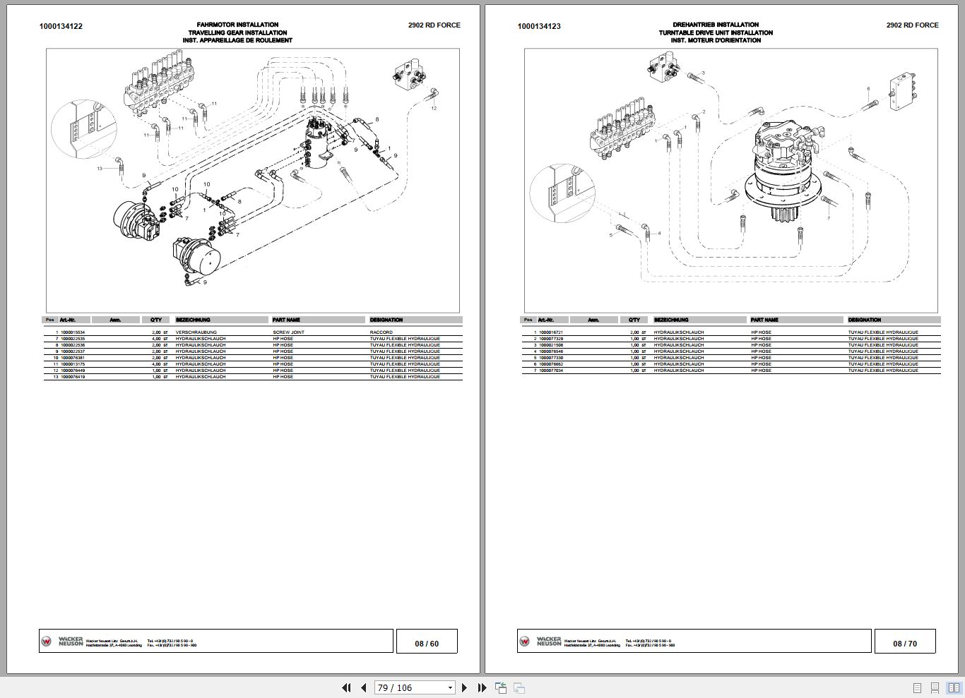 Wacker Neuson Excavator 2902 RD Force Spare Parts List 1000143072