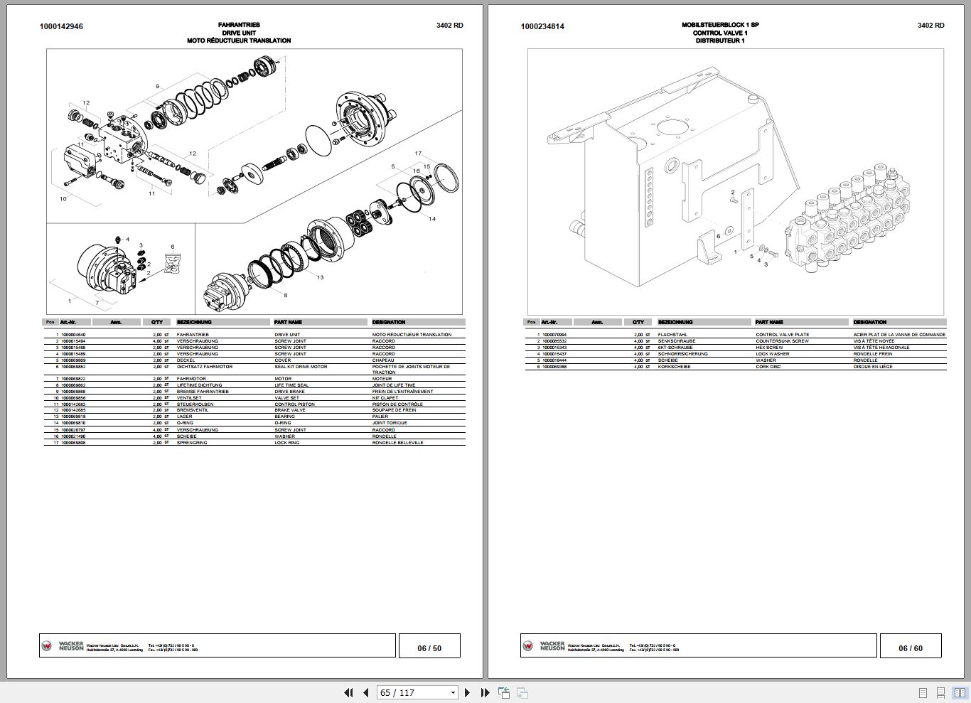 Wacker Neuson Excavator 3402 RD Spare Parts List 1000234966