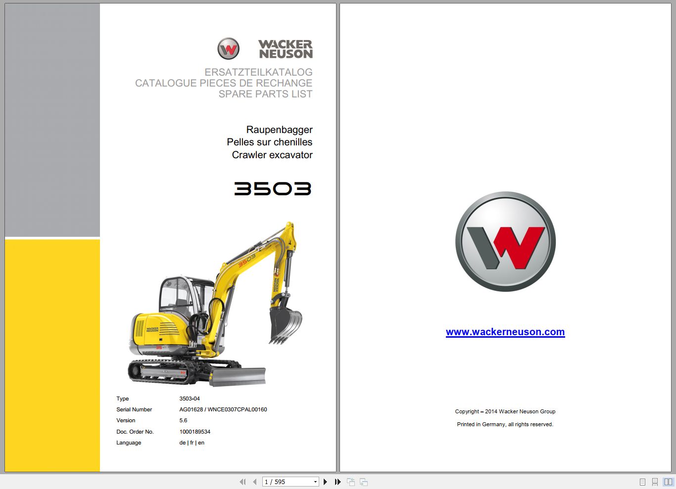 Wacker Neuson Excavator 3503 5.6 Spare Parts List 1000189534