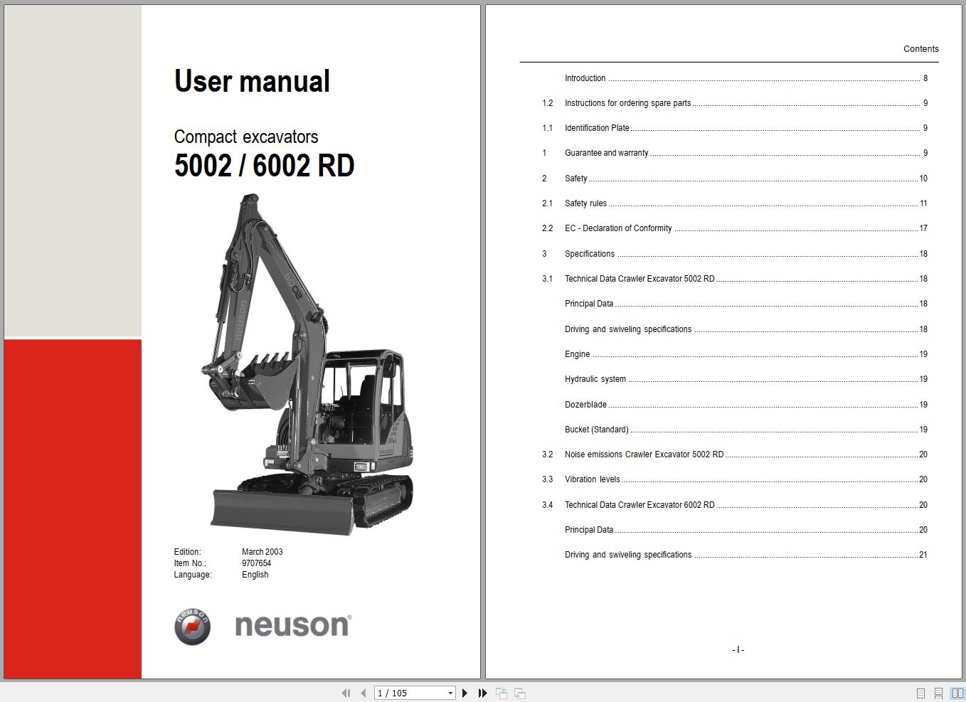 Wacker Neuson Excavator 5002 6002 RD Operating Manual 9707654