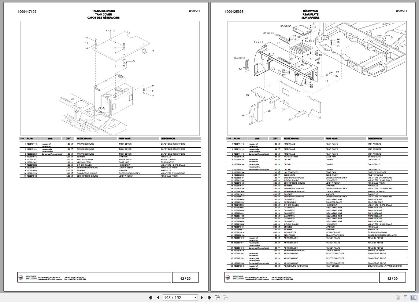 Wacker Neuson Excavator 6502 Spare Parts List 1000126714