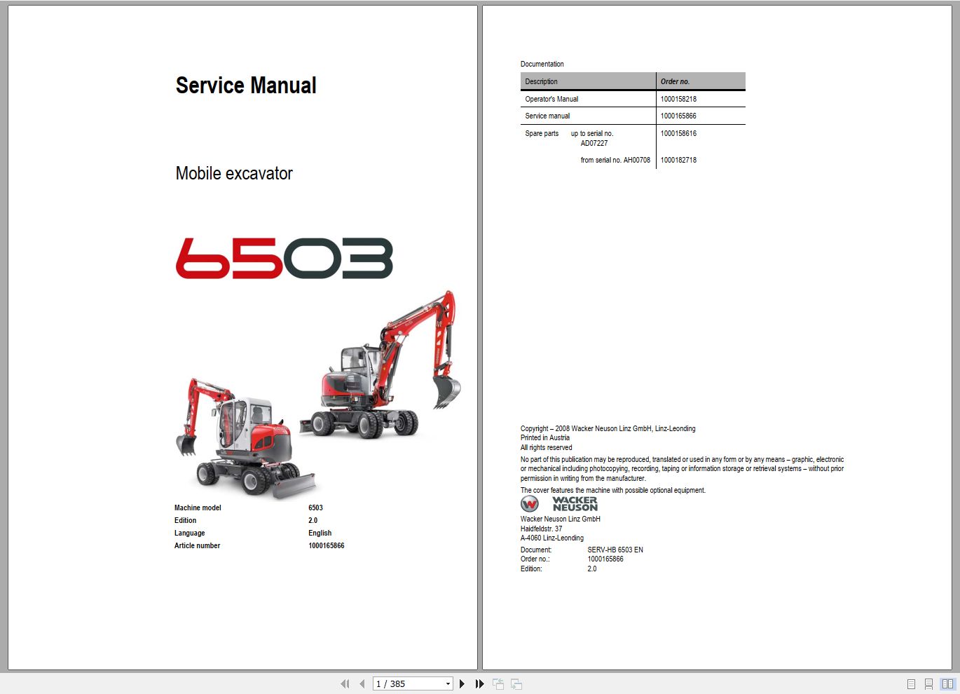 Wacker Neuson Excavator 6503 Service Manual and Diagram 1000165866