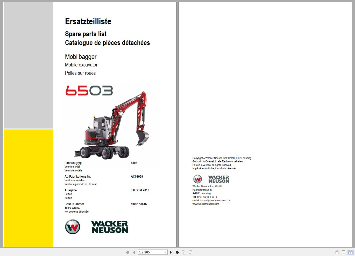 Wacker Neuson Excavator 6503 Spare Parts List 1000158616