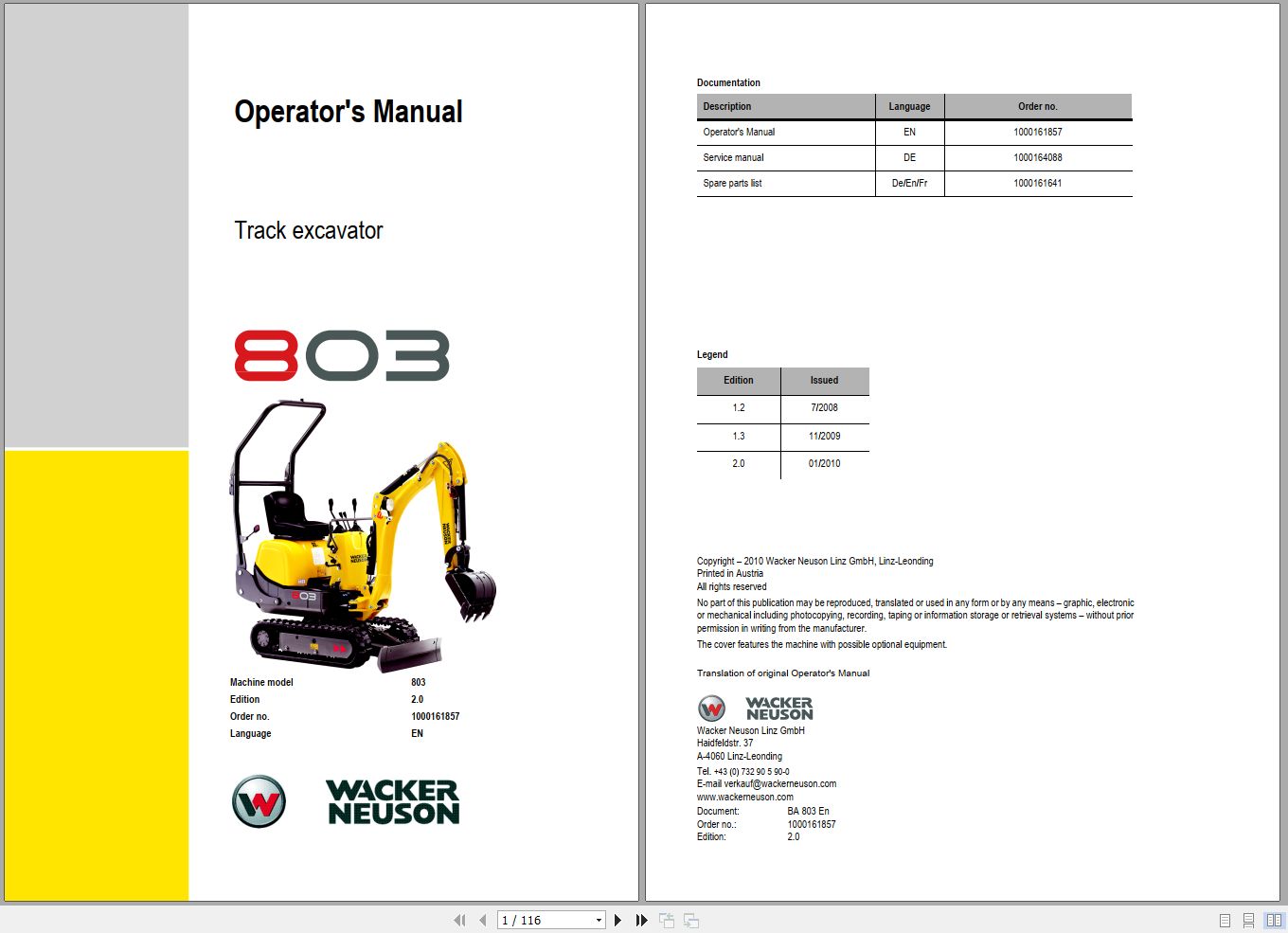 Wacker Neuson Excavator 803 Operating Manual 1000161857