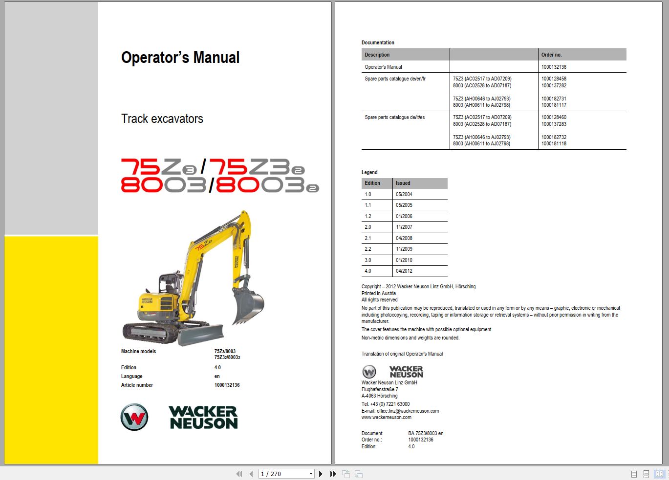 Wacker Neuson Excavators 75Z3 75Z3-2 8003 8003-2 Operating Manual ...
