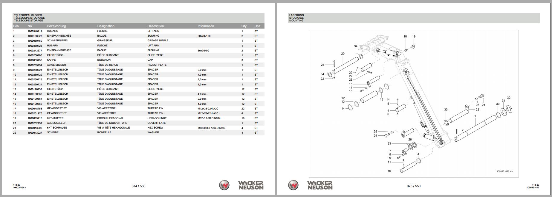 Wacker Neuson Telehandlers TH627 Spare Parts List 1000350238