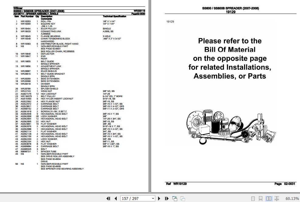 Willmar Spreader SS600 SS800B Parts Catalog WR330118