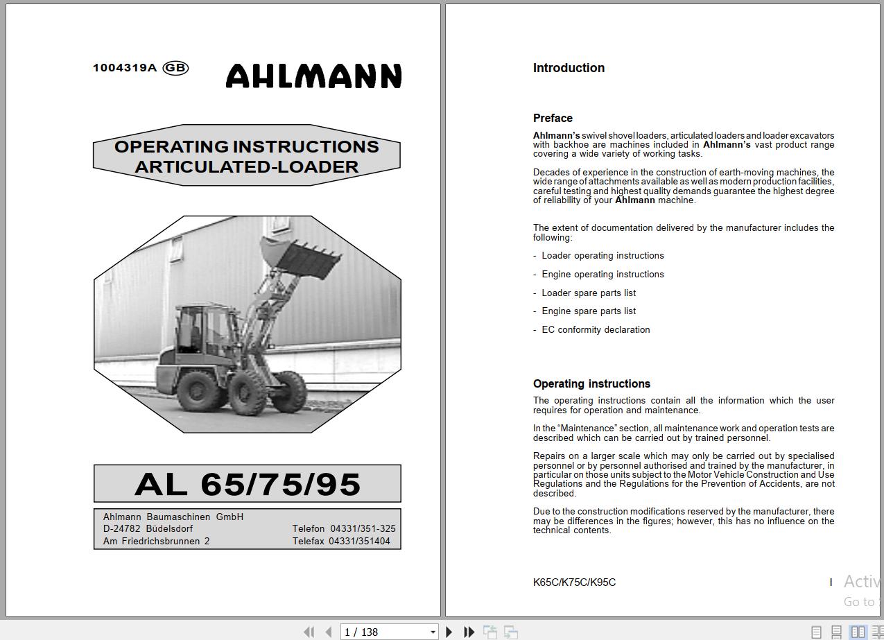 Ahlmann Wheel Loader AL65 AL75 AL95 Operators Manual and Schematis 1004319A