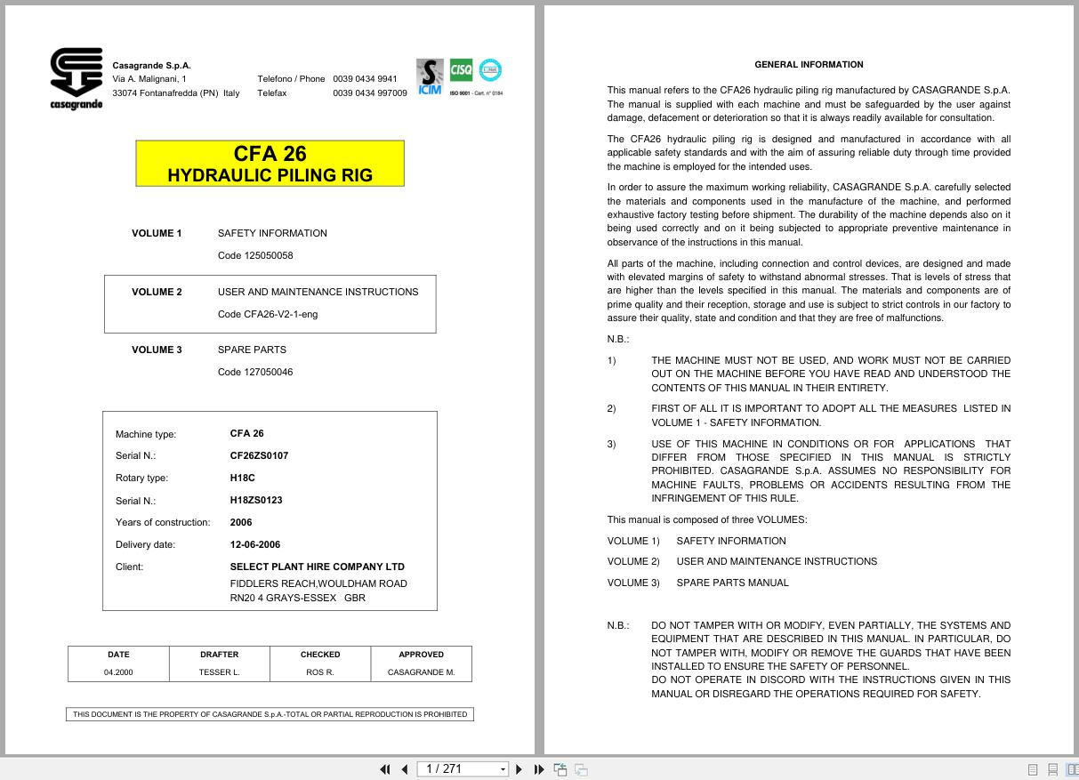 Casagrande Hydraulic Piling Rig CFA26 Operation and Maintenance Manual