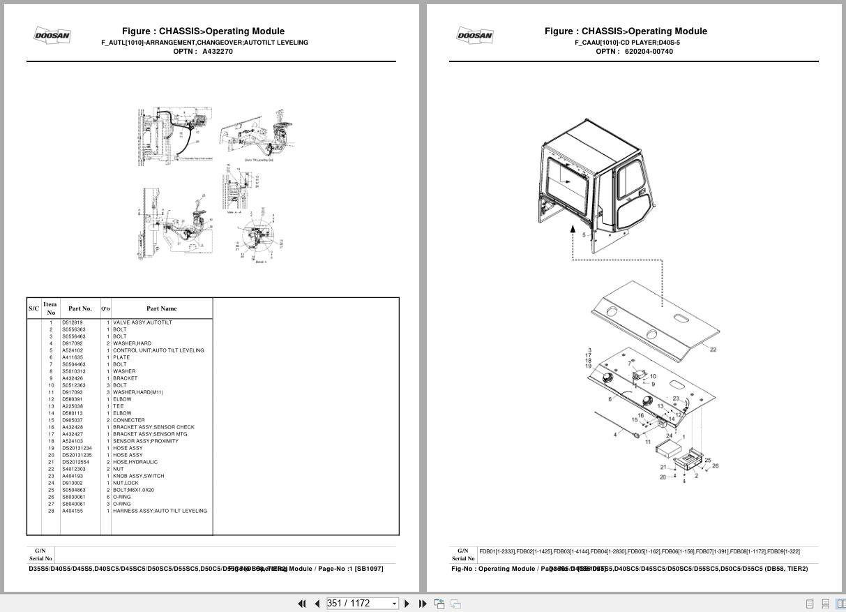 Doosan Forklift D35S-5 to D55SC-5 Parts Book SB1097E23