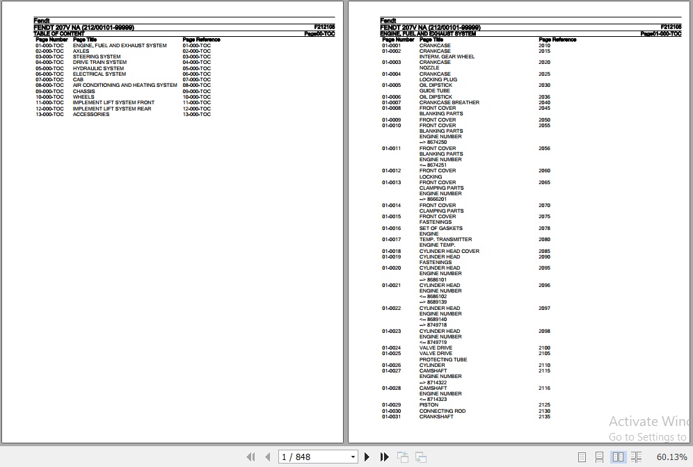 Fendt Tractor 207V NA Parts Catalog F212105 01.2020