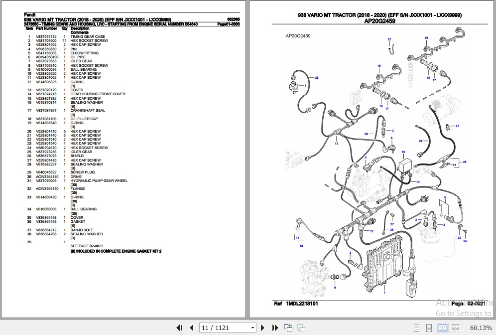 Fendt Tractor 938 Vario MT Parts Catalog 652365 2018 - 2020