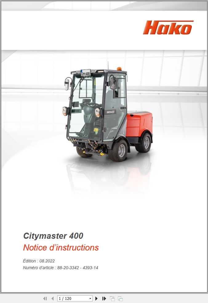 Hako Sweeper Citymaster 400 Operating Manual 88-20-3342 - 4393-14 FR