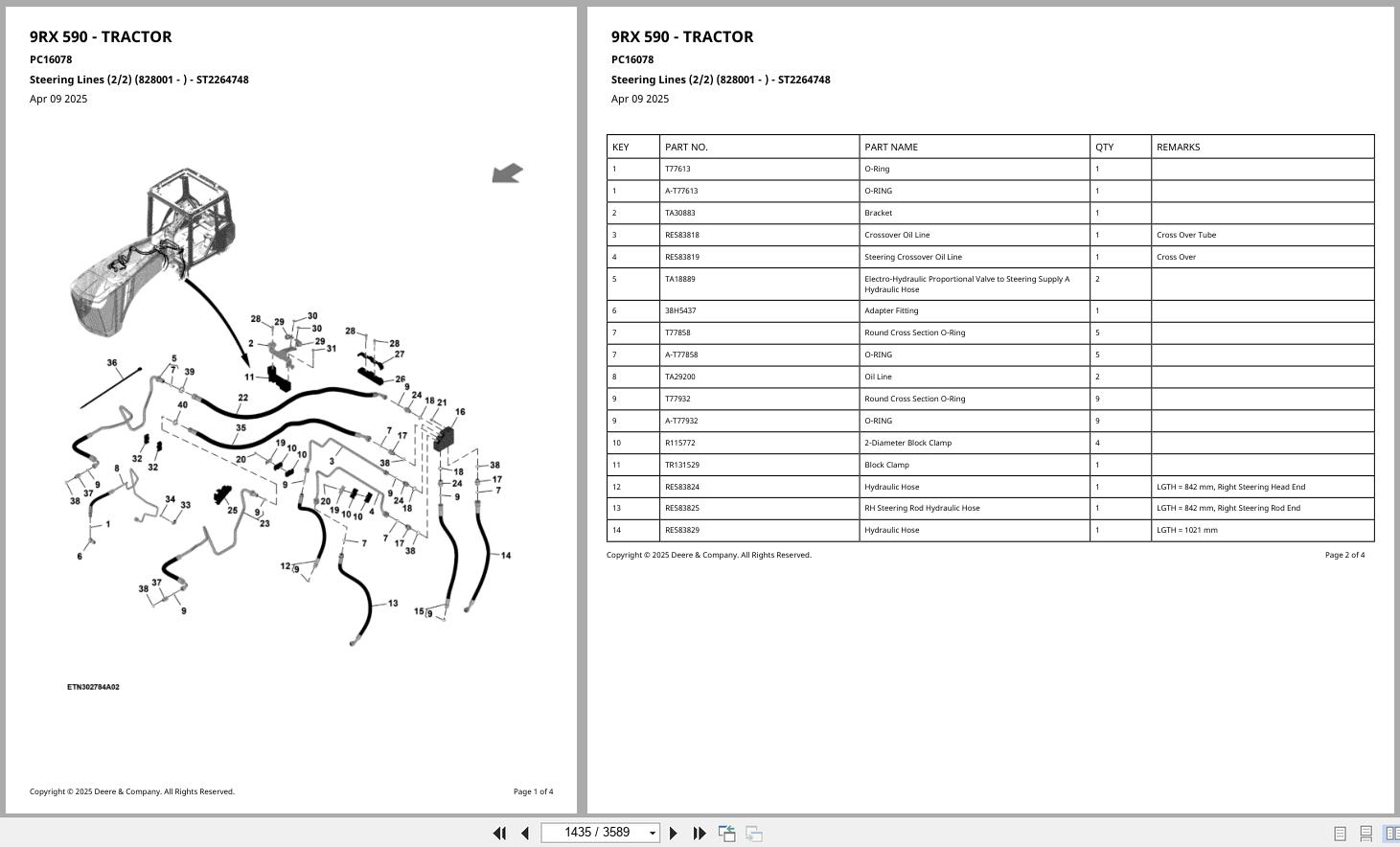 John Deere Tractor 9RX 590 E300 Engine Part Catalog PC16078
