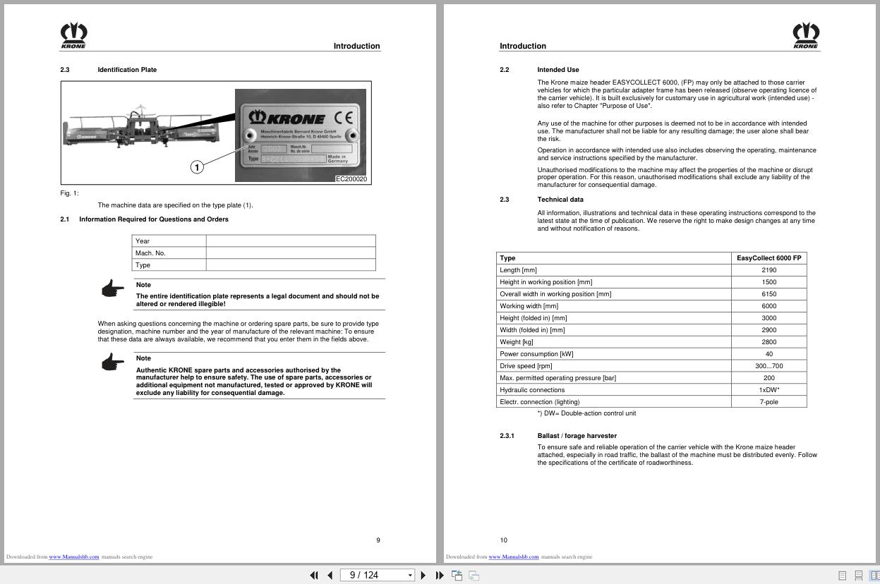 Krone Maize Header EasyCollect 6000 FP Operation Manual
