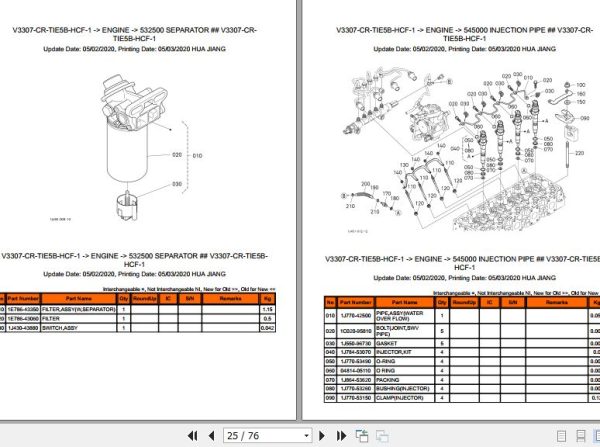 Kubota Engine V3307-CR-TIE5B-HCF-1 Parts List 2020 EN