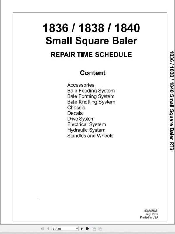 Massey Ferguson Baler 1836 1838 1840 Repair Time Schedule 4283566M1